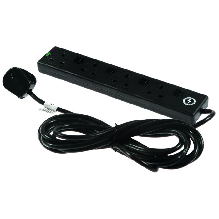 13A Individually Switched Surge Black Extension Lead - 4 gang with 5m Lead
