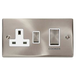 45A DP cooker switch & 13A socket satin chrome white inserts
