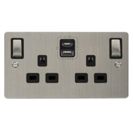 2 gang 13A DP switched socket outlet with type A & C USB outlets - s/s ...